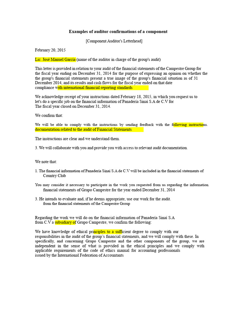 Examples of Auditor Confirmations of A Component | PDF | Audit ...