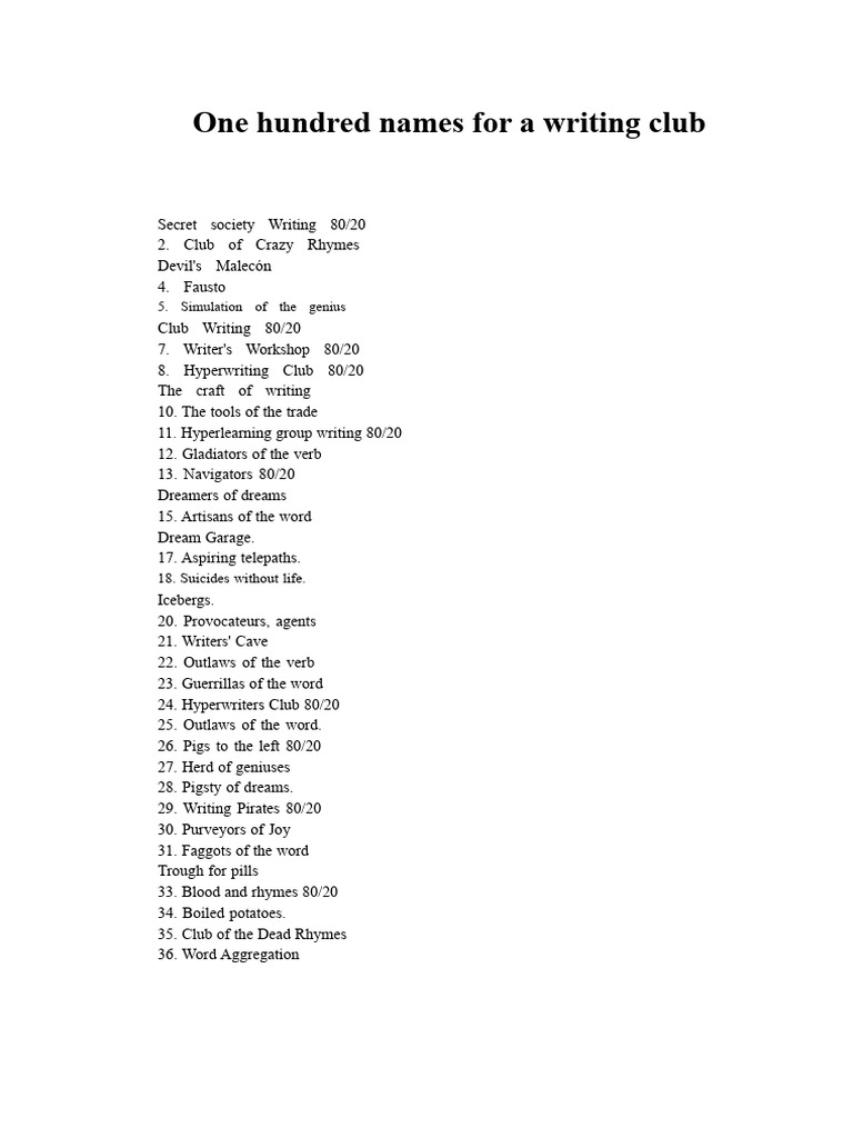 One Hundred Names For A Writing Club PDF | PDF