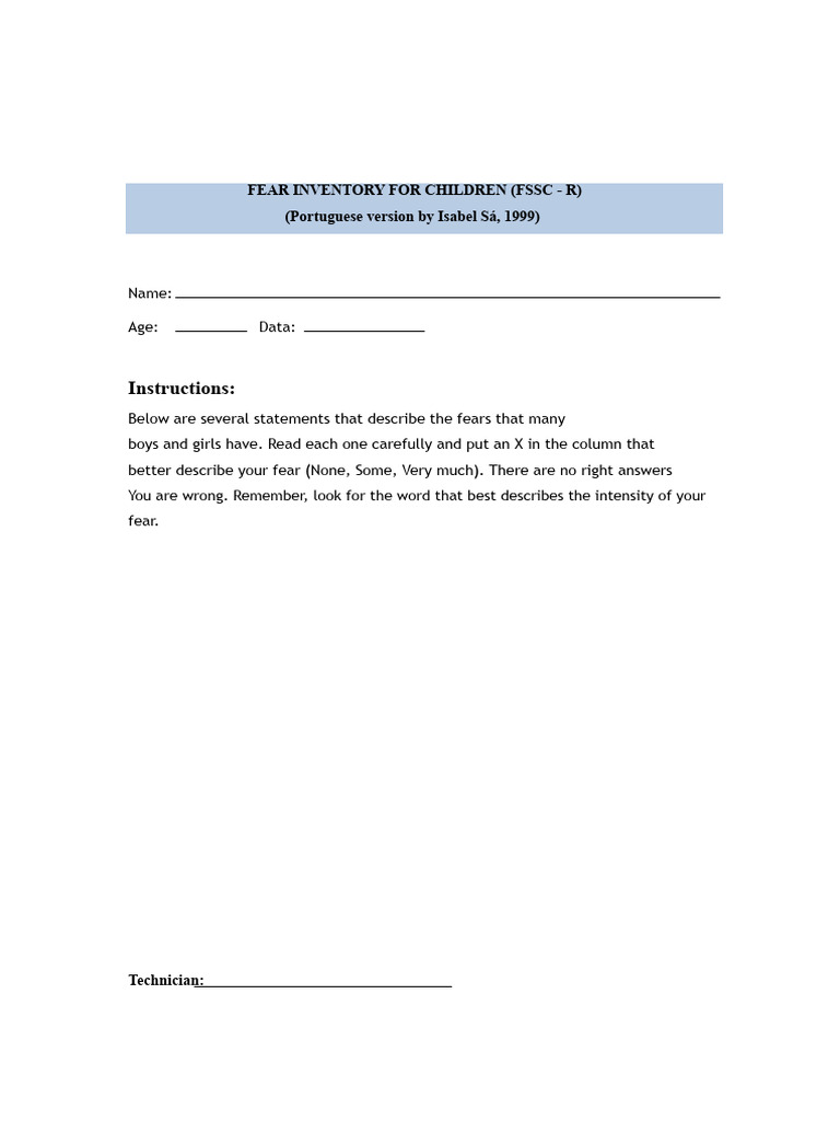Children's Fear Inventory (FSSC-R) | PDF | Fear | Adolescence