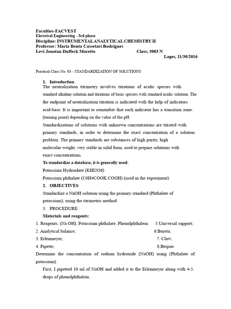 Standardization Report of Solutions | PDF | Titration | Chemistry