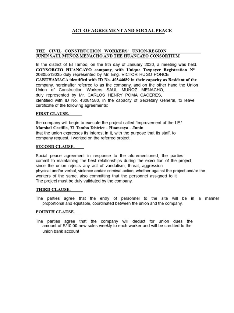 Union Contract Minutes of Agreement and Social Peace | PDF | Regulatory ...