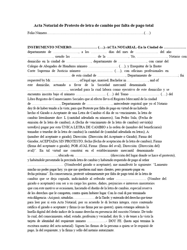 Acta Notarial de Protesto de Letra de Cambio Por Falta de Pago Total ...