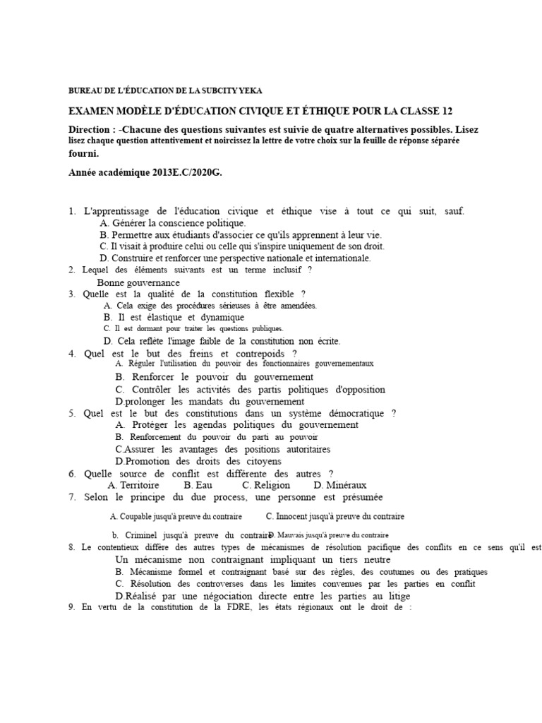 Examen Modèle de 3e Ronde de Civisme de 12e Année | PDF | Démocratie | Idéologies politiques