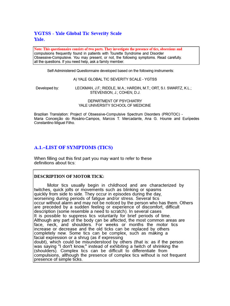 YGTSS: Yale Tic Severity Assessment | PDF | Anatomical Terms Of Motion ...