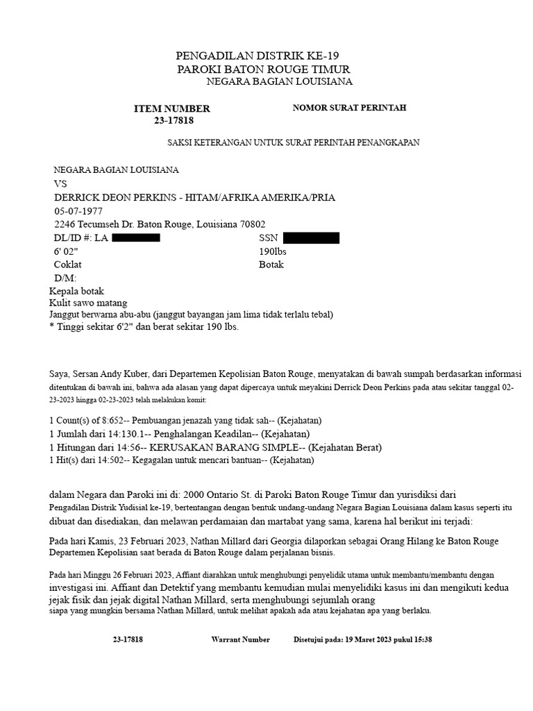 Warrant Penangkapan Derrick Perkins | PDF
