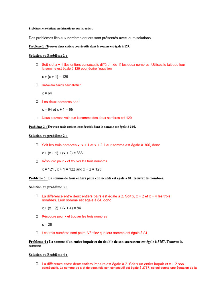 Problèmes mathématiques sur les entiers et mélanges | PDF | Argent ...