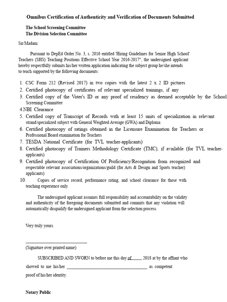 Omnibus Certification for SHS Teacher Applicants | PDF