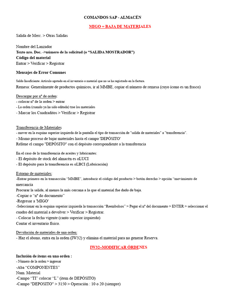 Comandos SAP para Gestión de Almacén | PDF