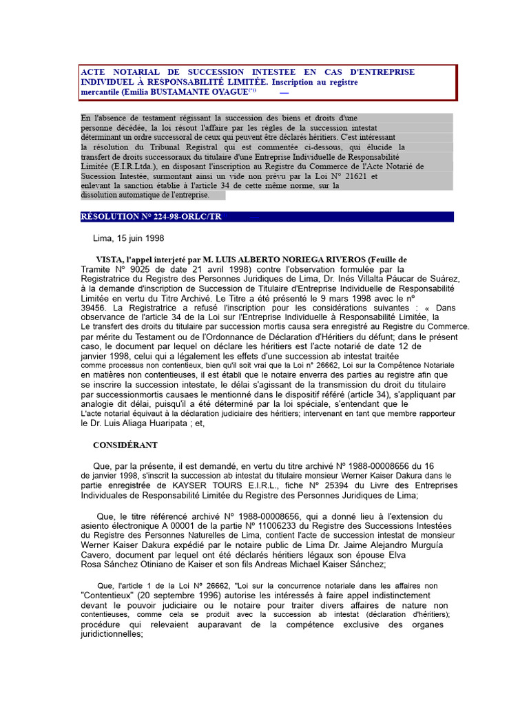 Succession intestat et E.I.R.L. au Pérou | PDF | Loi | Entreprise ...
