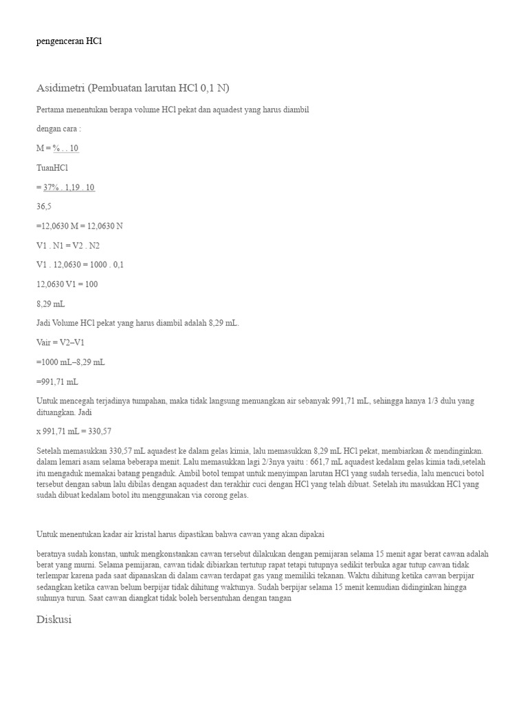 Cara Membuat Larutan HCl 0,1 N | PDF