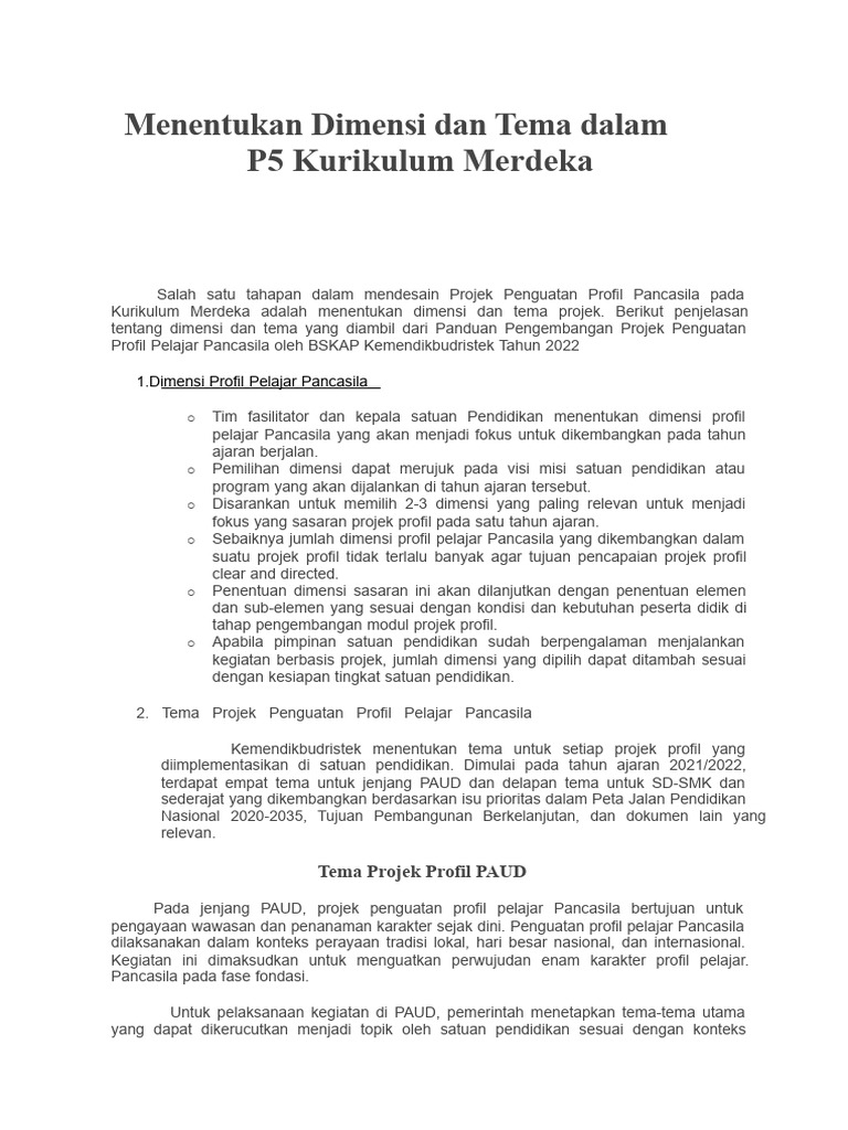 Dimensi dan Tema P5 Kurikulum Merdeka | PDF
