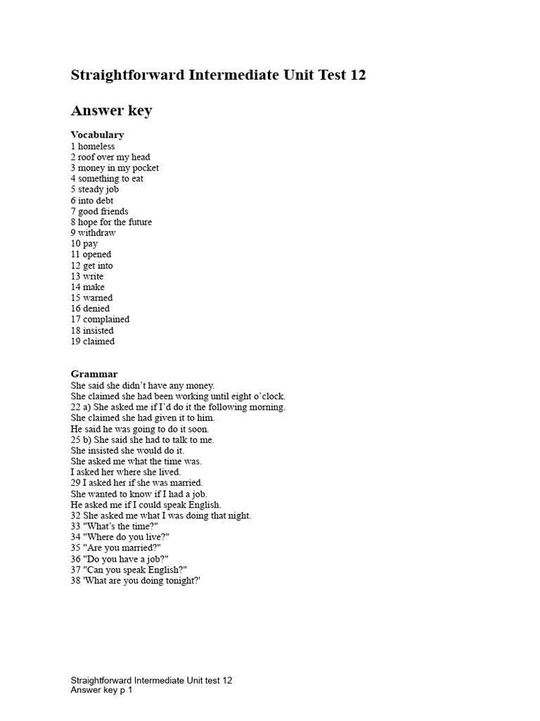 Intermediate Unit Test 12 Answer Key | PDF
