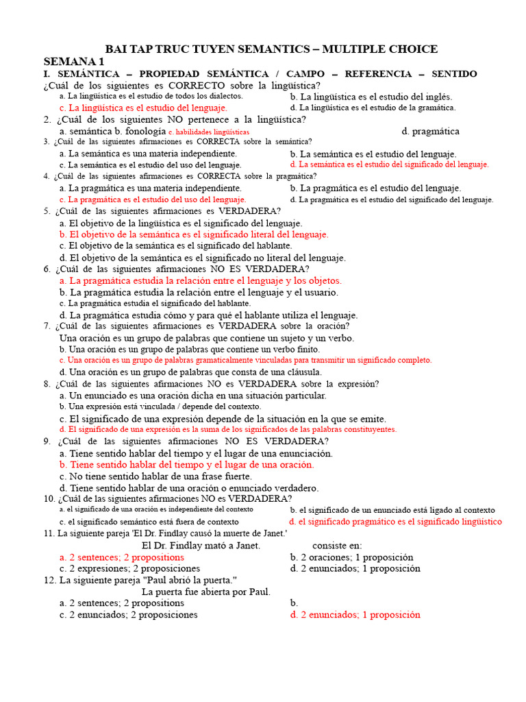 Banco Opción Múltiple Semántica Examen en Línea 11/2021 | PDF | Oración ...