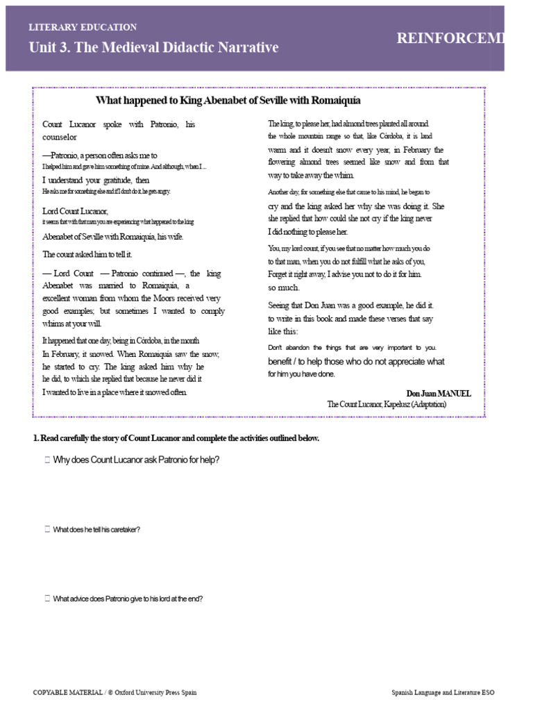 3rd ESO. The Medieval Didactic Narrative. The Count Lucanor II. Text ...