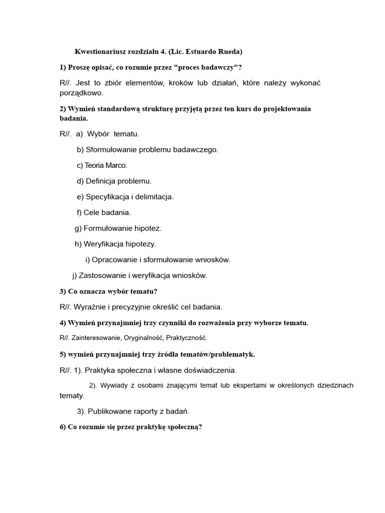 Kwestionariusz Rozdział 4 Prac. | PDF