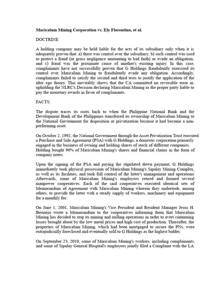 Maricalum Mining Corporation v. Florentino (DATILES) | PDF | Holding ...