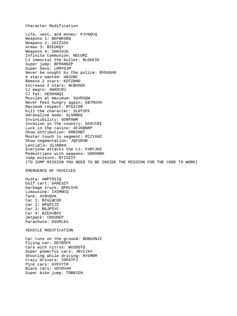 GTA SA Android Codes | PDF