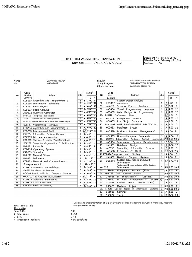 Transcript Temporary Simnaro Transcript Grades | PDF | Computer Programming | Computing