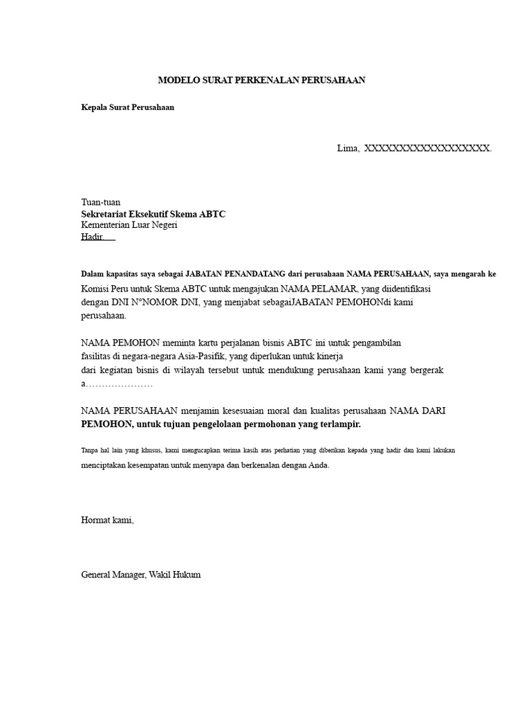 Surat Perkenalan Perusahaan untuk ABTC | PDF