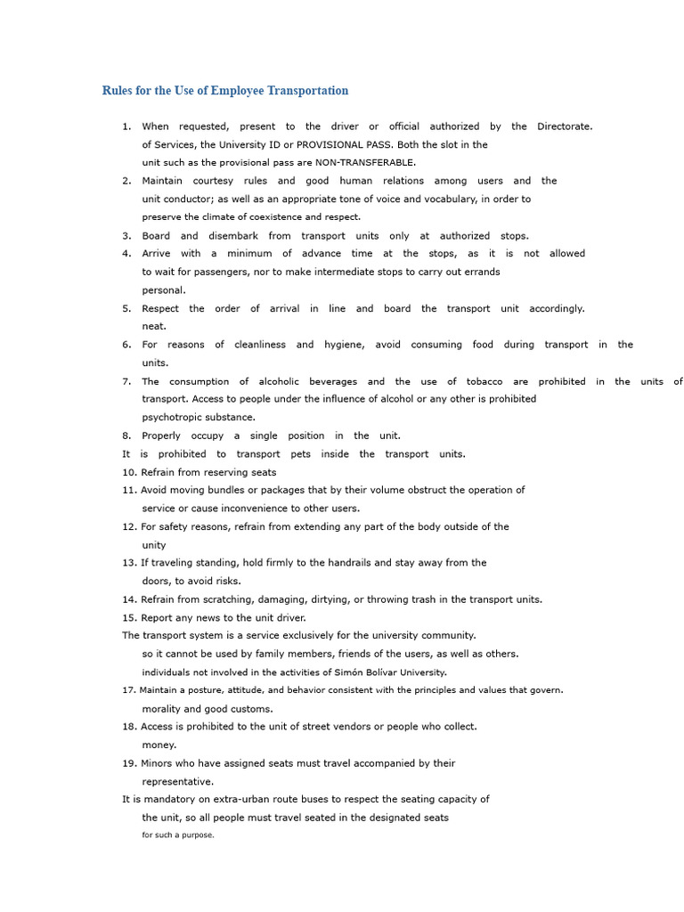 Rules for the Use of Employee Transportation | PDF