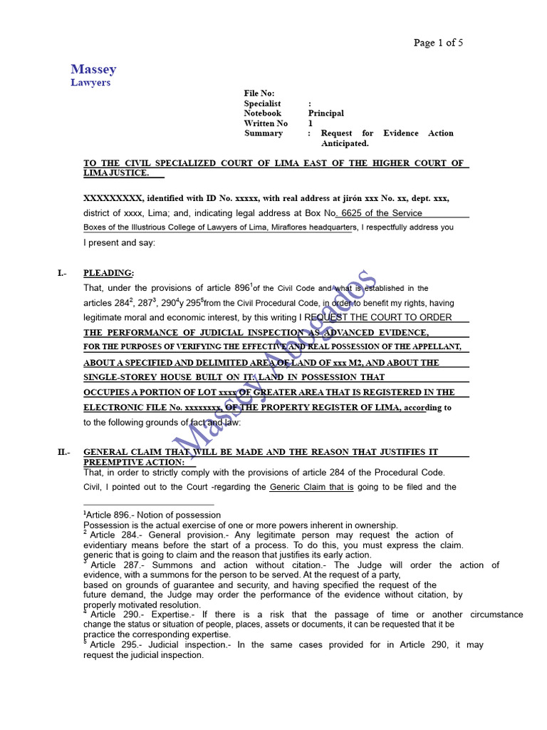 Model of Request For Preliminary Evidence of Judicial Inspection | PDF ...