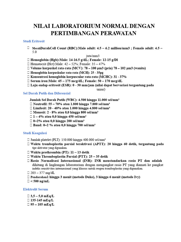 Nilai Laboratorium Normal untuk Perawatan | PDF