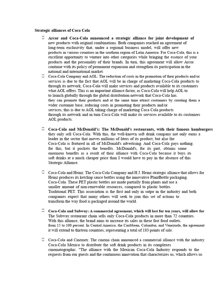 Coca-Cola's Strategic Alliances Explained | PDF | Coca Cola | Mc Donald's