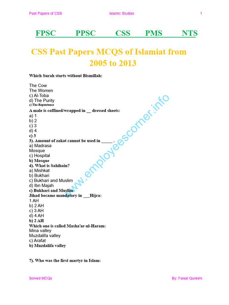 CSS Islamic Studies MCQs 2005-2013 | PDF | Muhammad | Surah