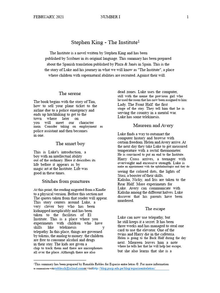Summary of Stephen King's The Institute | PDF