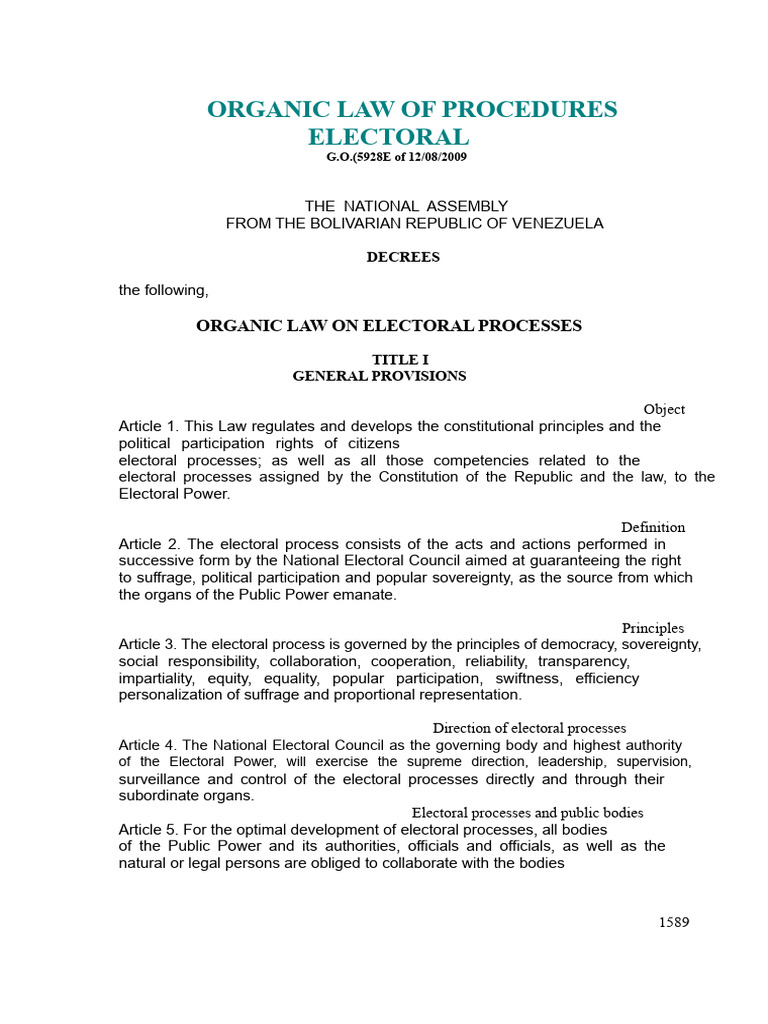 Organic Law of Electoral Processes | PDF | Voting | Elections