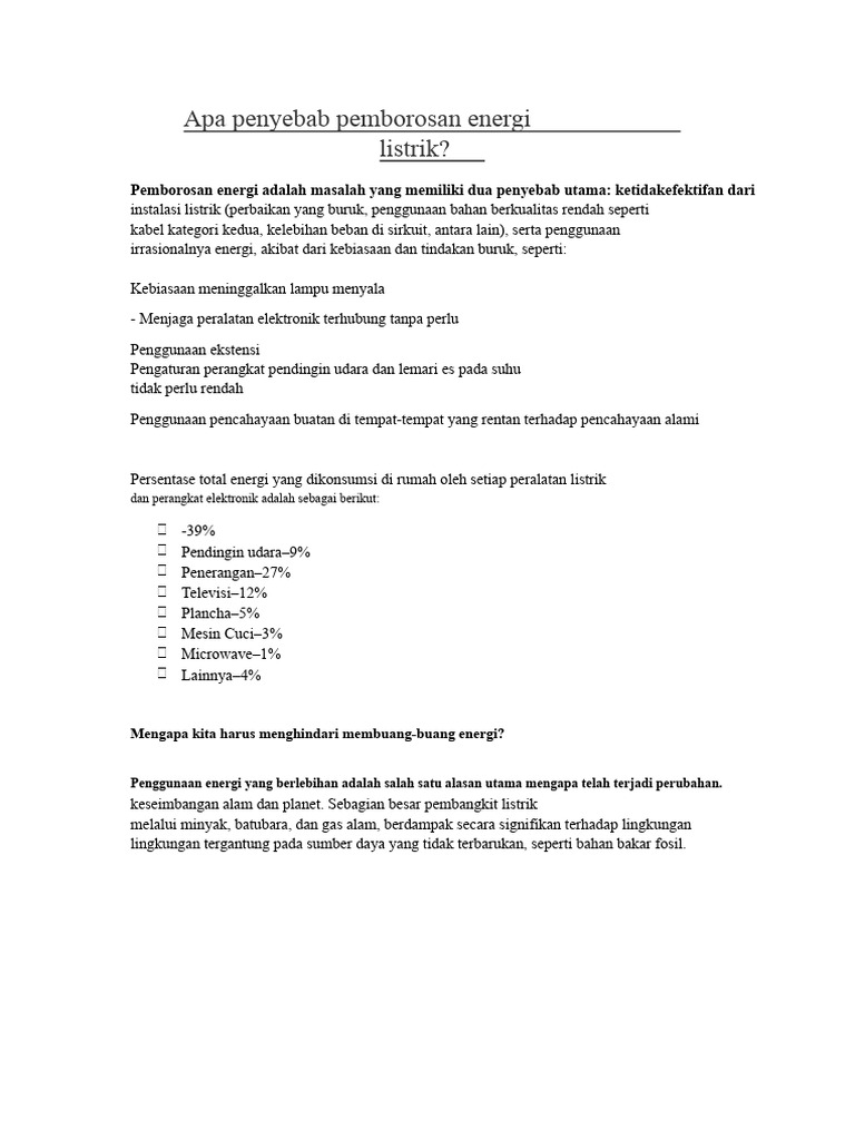 Akibat Pemborosan Energi Listrik | PDF