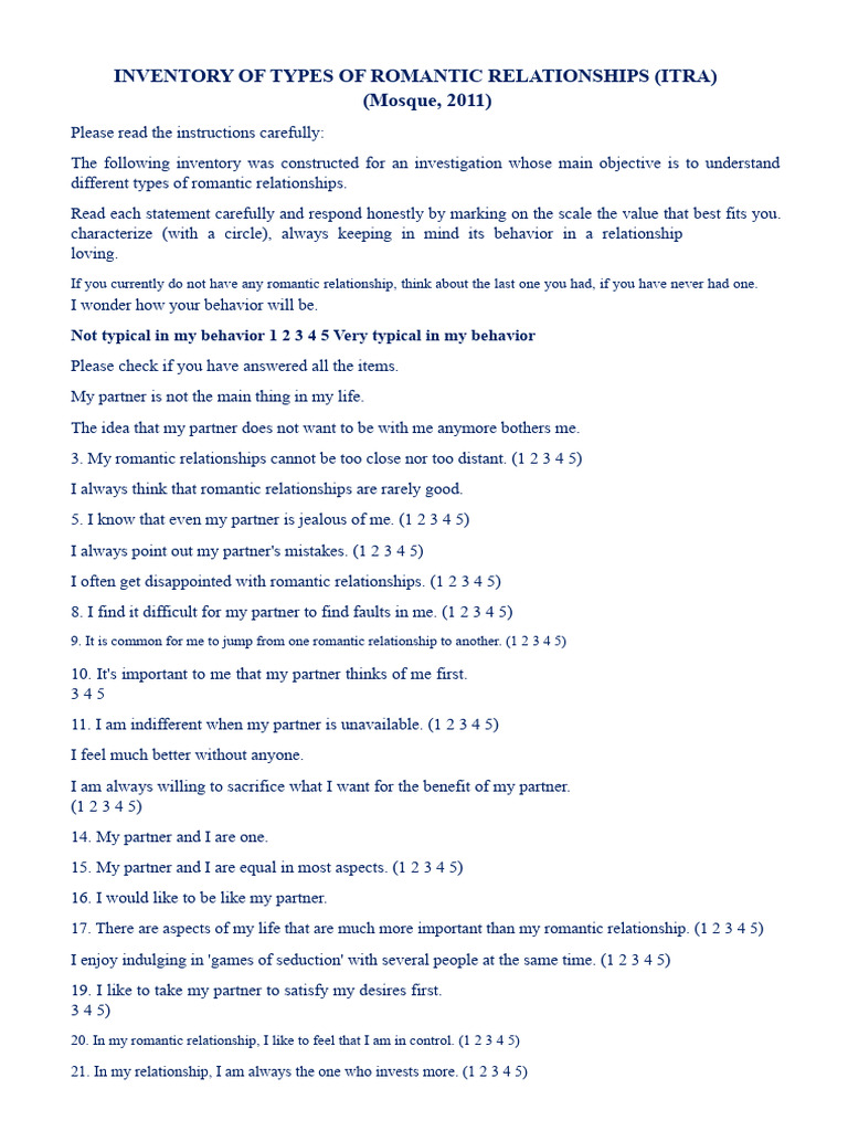 Inventory of Types of Romantic Relationships Edited | PDF | Romance ...