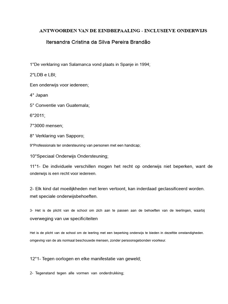 Antwoorden Van de Eindbevinding - Inclusieve Onderwijs | PDF