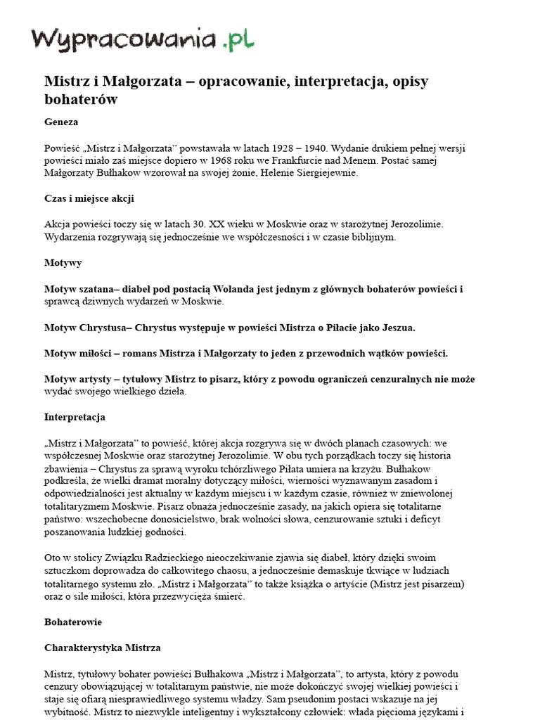 Mistrz I Malgorzata Opracowanie Interpretacja Opisy Bohaterów | PDF