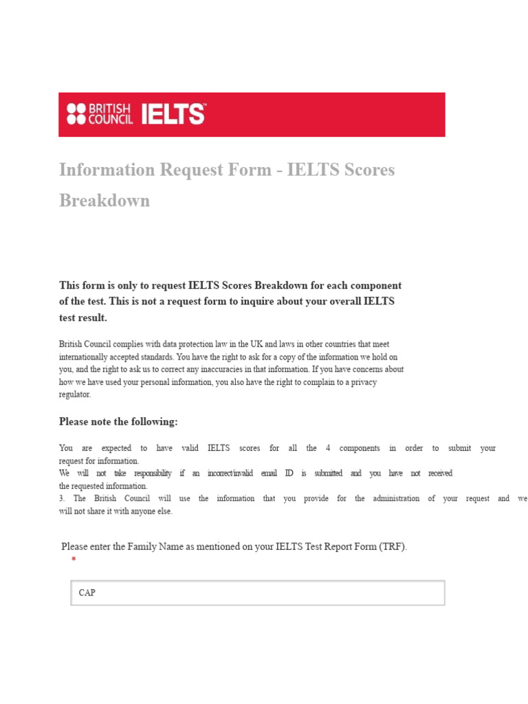 IELTS Scores Breakdown Request Form | PDF | International English ...