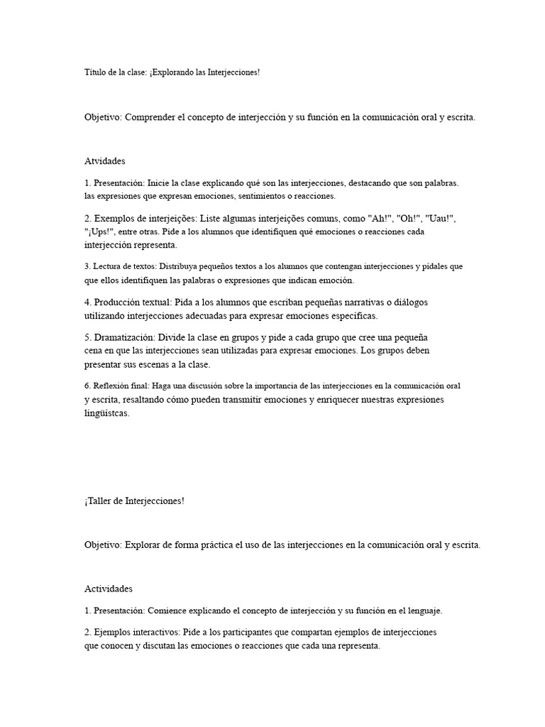 Plan de Clase Taller - Interjección | PDF | Las emociones