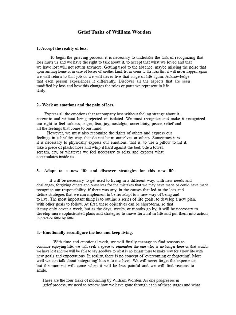 Worden's Four Tasks of Mourning | PDF | Emotions | Grief