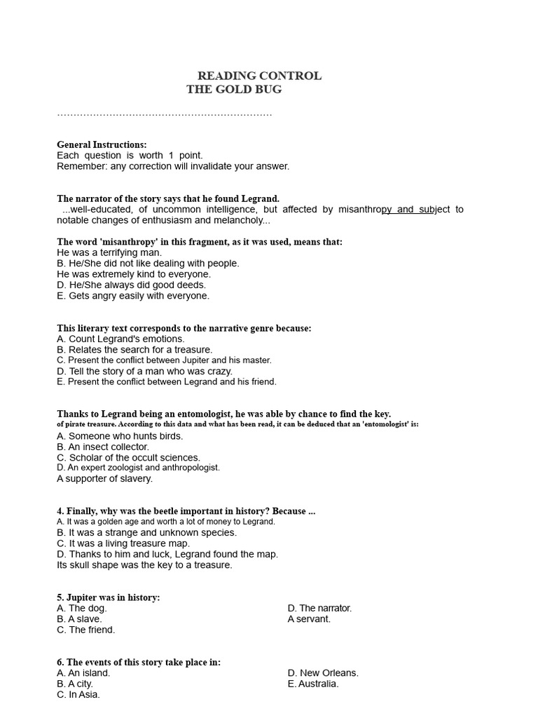 The Gold Bug: Reading Control Quiz | PDF