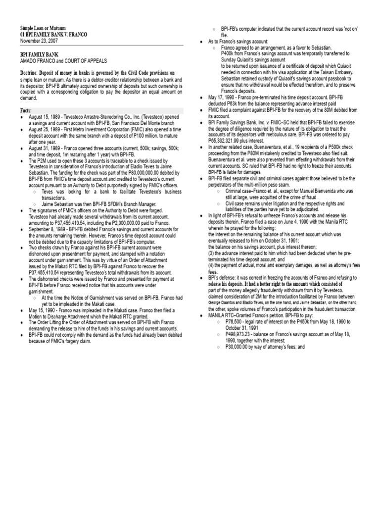 BPI Family Bank Vs Franco (DIGEST) | PDF | Banks | Transaction Account