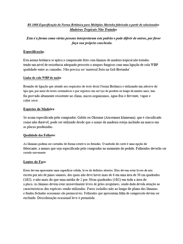 Especificação da Norma BS 1088 para Compensado | PDF | Madeira ...