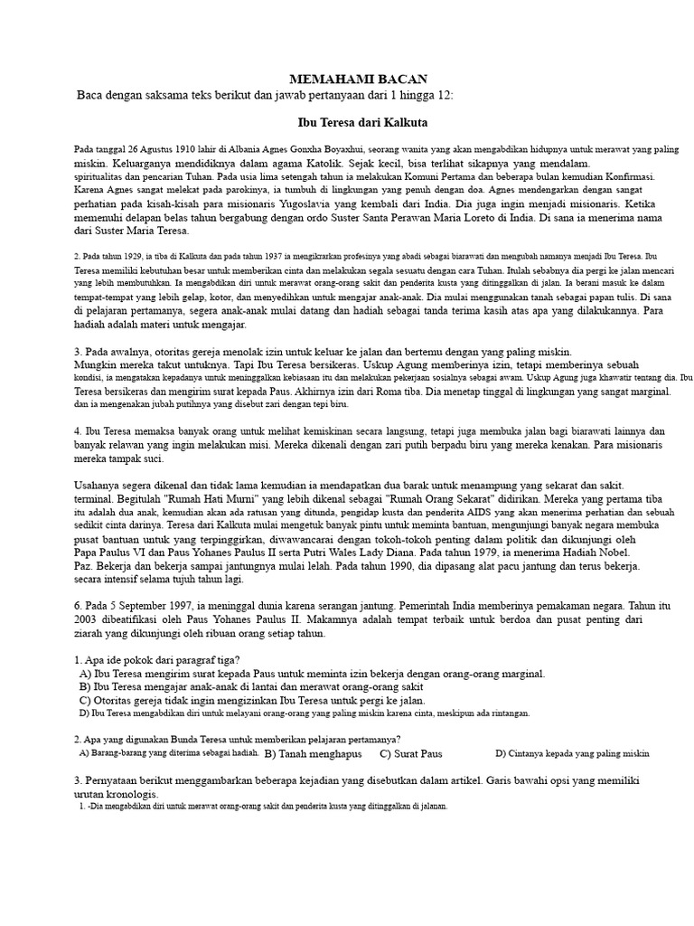 MEMAHAMI BACAAN. Ibu Teresa Dari Kalkuta | PDF