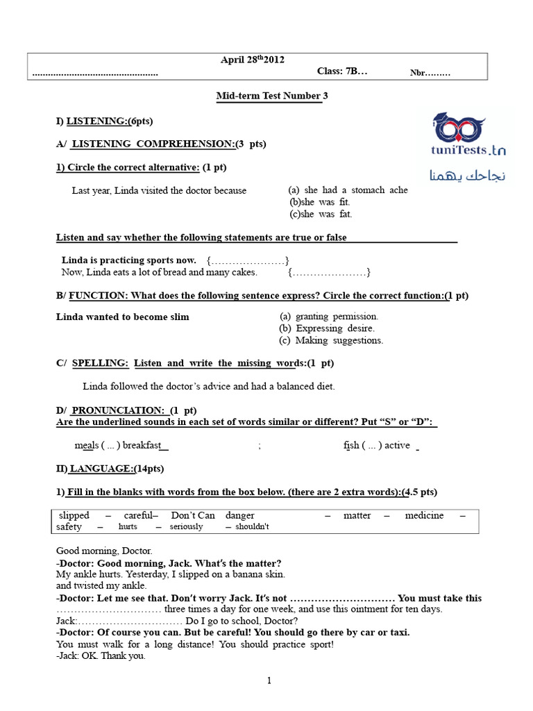 7th Grade Mid-term Test Listening & Language | PDF | Linguistics