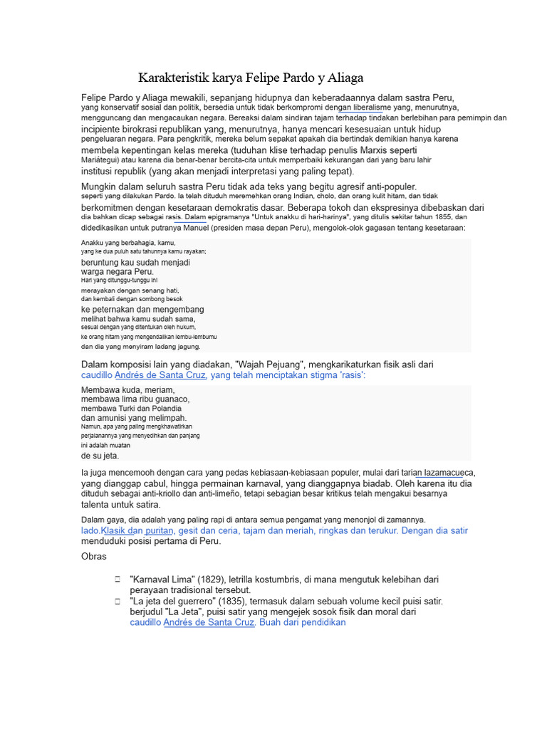 Ciri-Ciri Karya Felipe Pardo y Aliaga | PDF