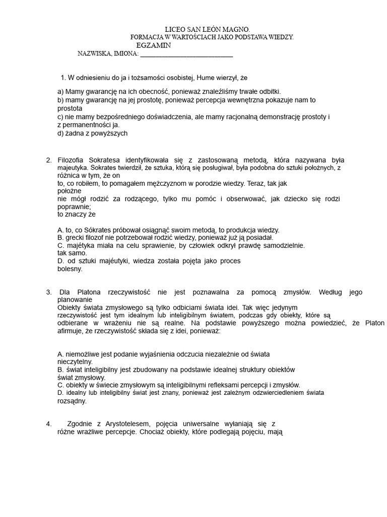 Egzamin Filozofia Racionalizm. | PDF