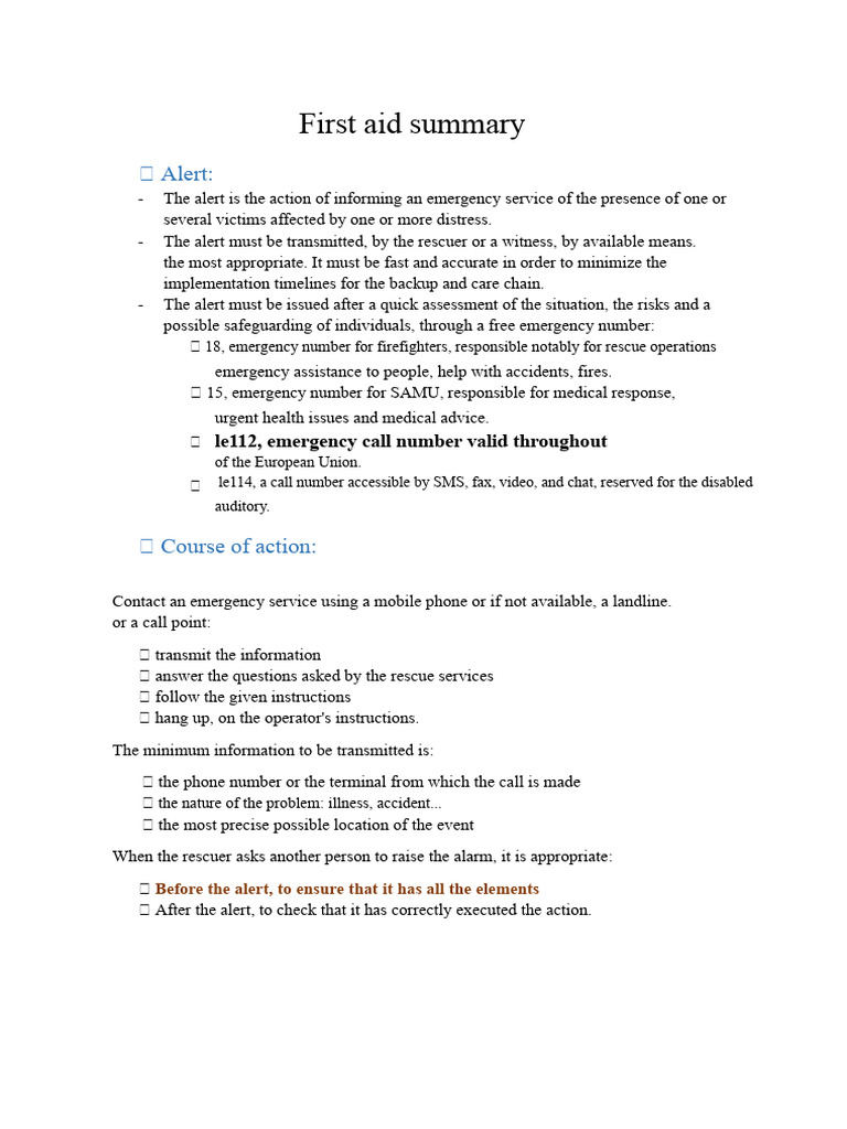 First Aid Summary (Alert, Loss of Consciousness, Airway Obstruction ...