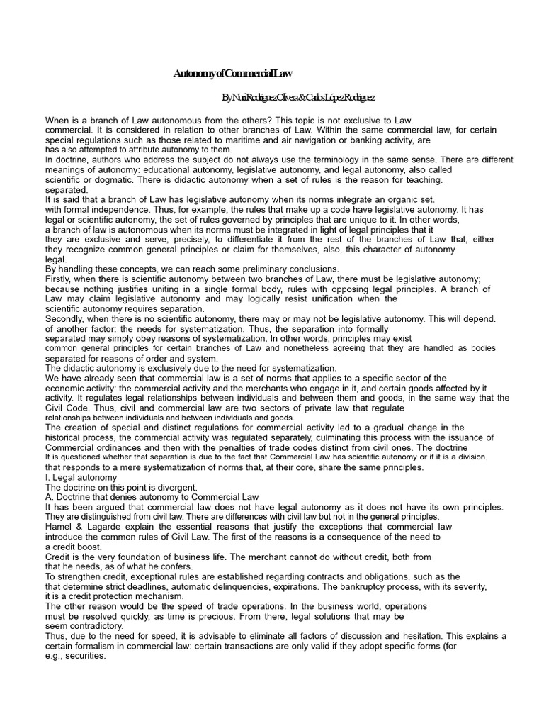 Autonomy of Commercial Law | PDF | Autonomy | Bankruptcy