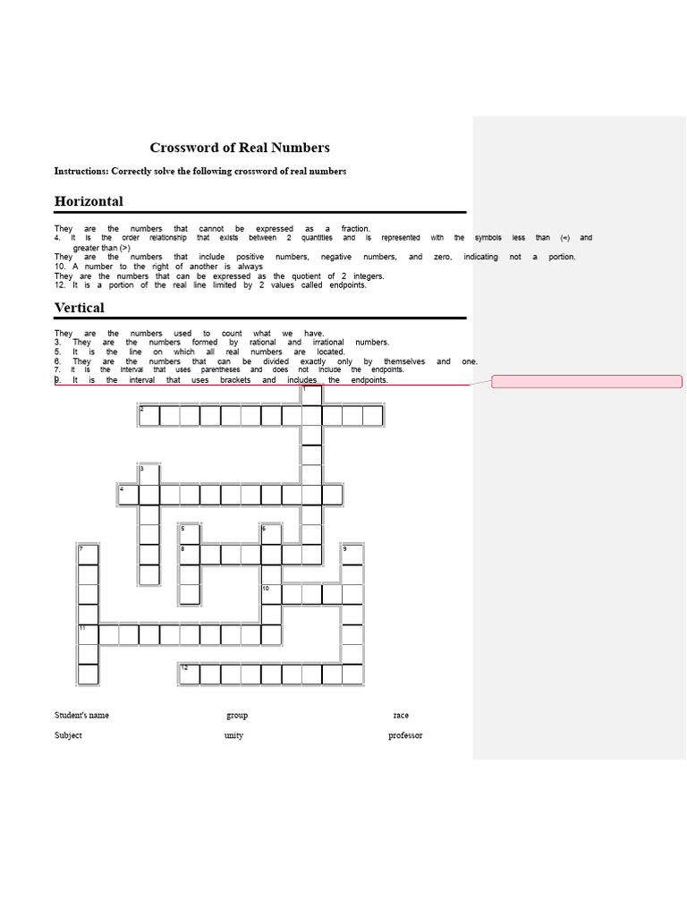 Real Numbers Crossword Puzzle | PDF
