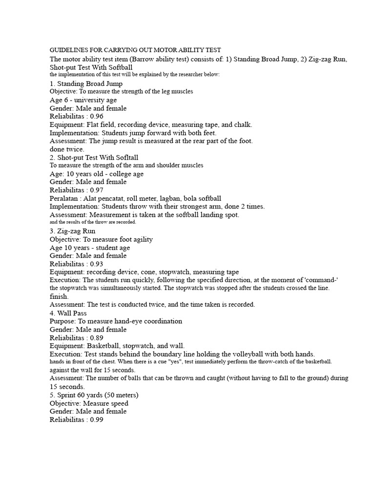 Instructions For Conducting The Motor Ability Test | PDF | Physical ...