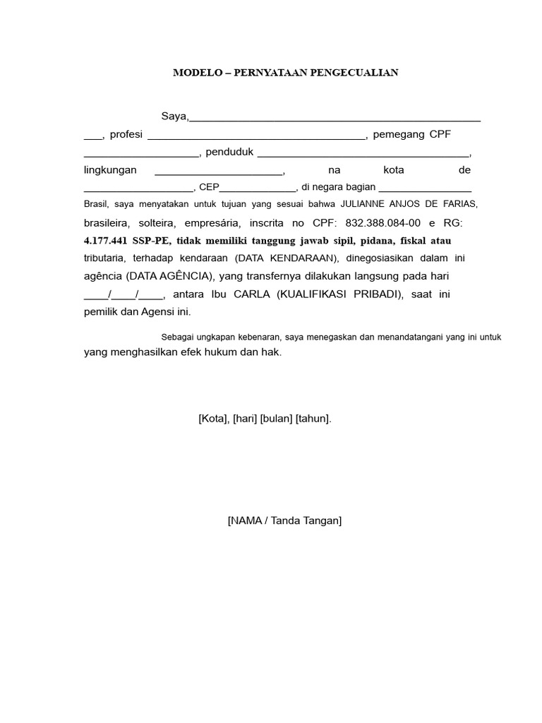 Model - Surat Pernyataan Pengecualian | PDF