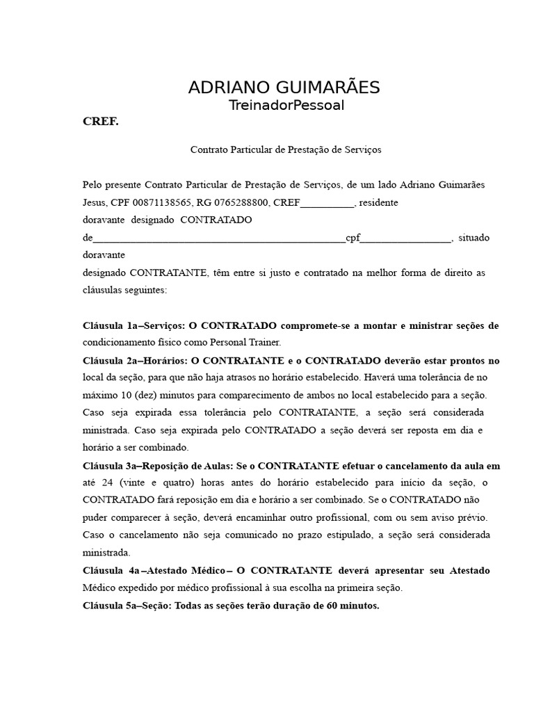 Contrato de Prestação de Serviços de Personal Trainer | PDF